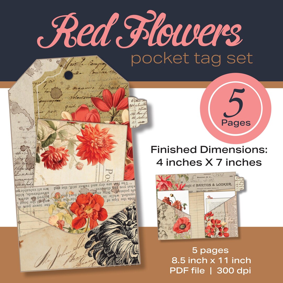 Pocket Tag Set Folio "red Flowers" - Printable Papers, Folio, Tags ...