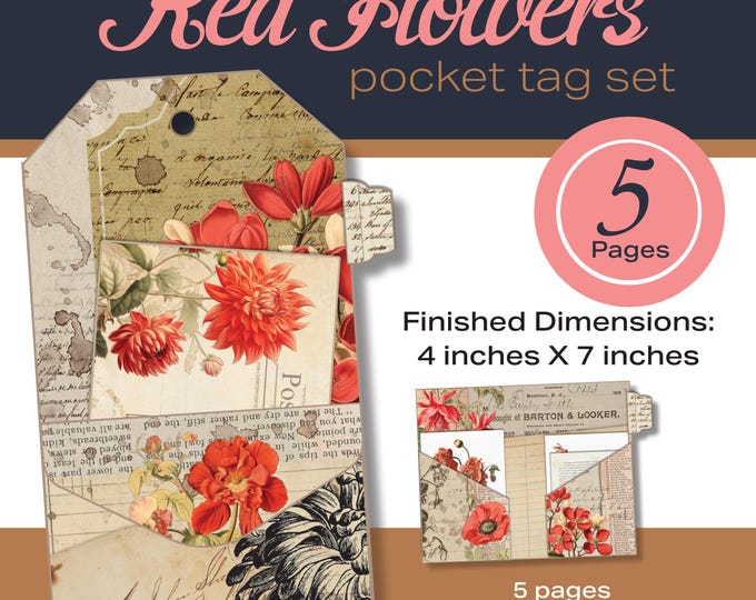 Pocket Tag Set Folio "red Flowers" - Printable Papers, Folio, Tags ...