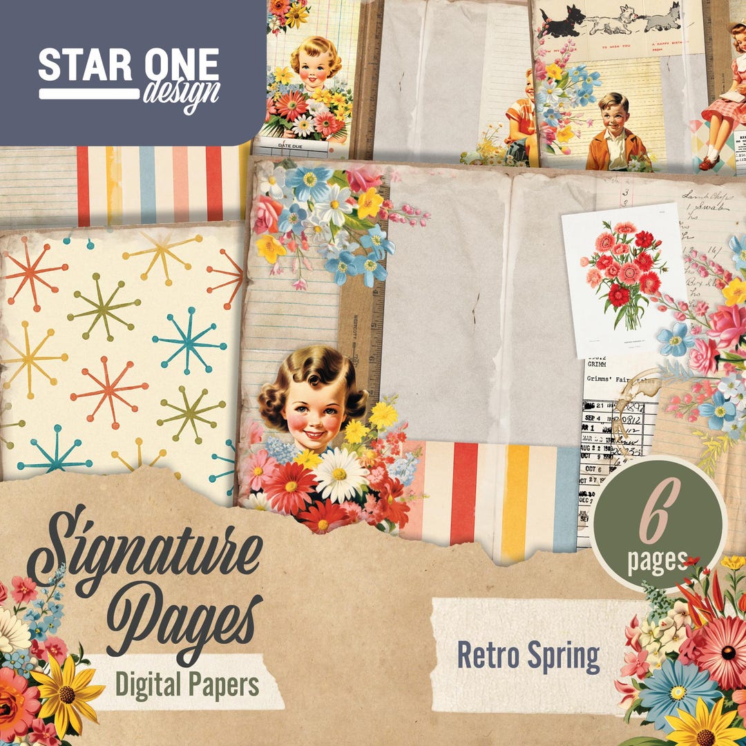 Junk Journal Signature Pages, Retro Springtime Digital Paper, Vintage ...