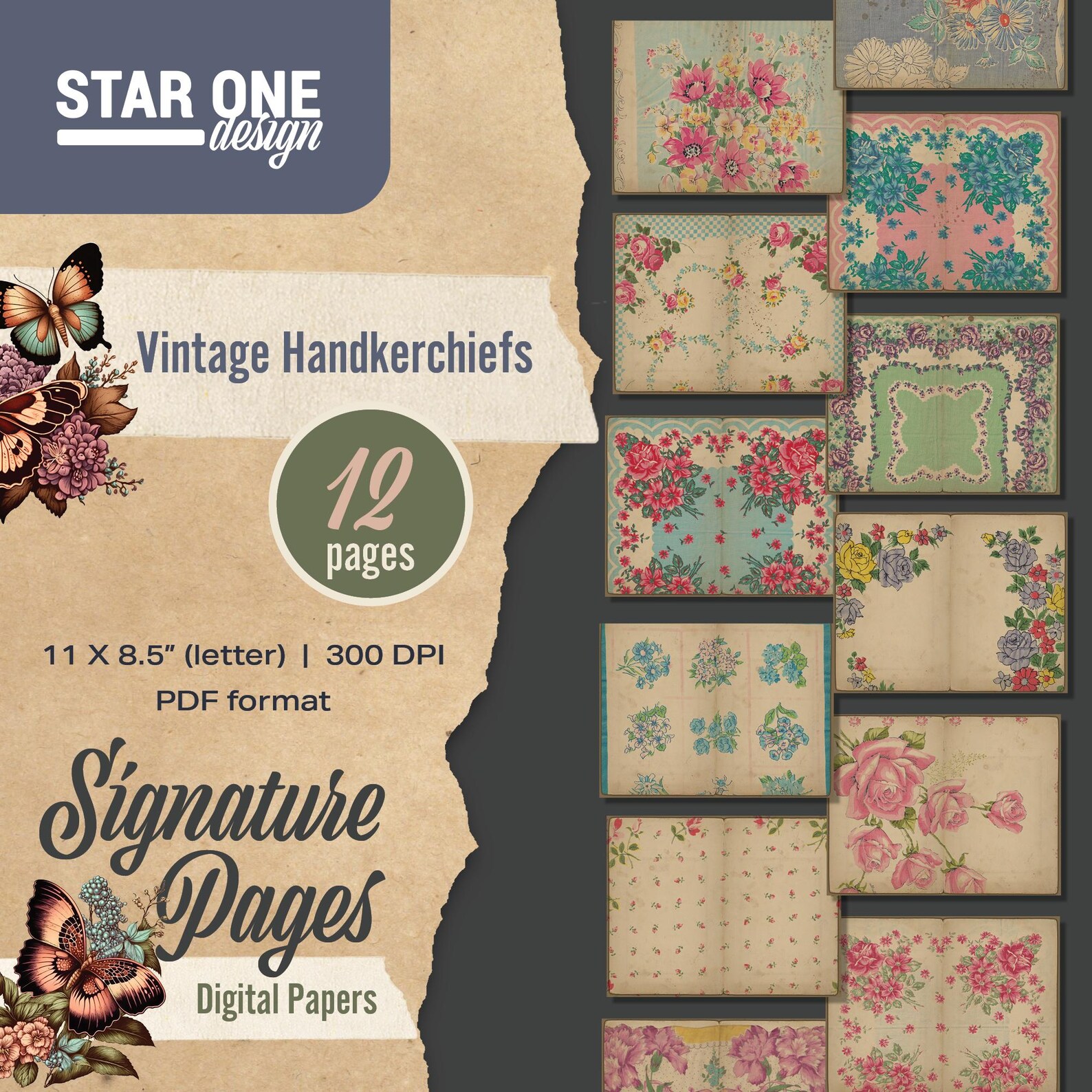 Vintage Handkerchief Digital Papers – 12 Printable Floral Pages for ...