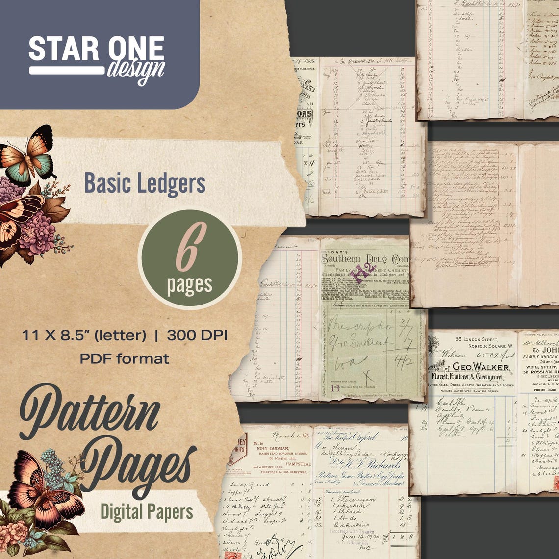 Basic Ledger – 6 Vintage Ledger & Receipt Digital Pages | Grungy ...