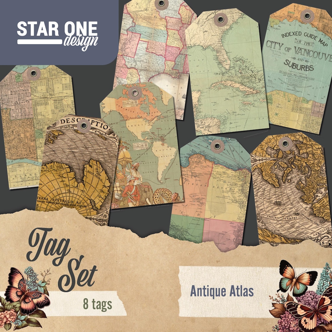 Antique Atlas – Vintage Map Junk Journal Tags | Printable Travel-themed ...