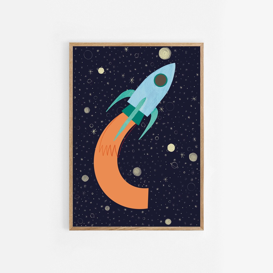 Light Blue Rocket in Space – Printable Poster and Card - Etsy
