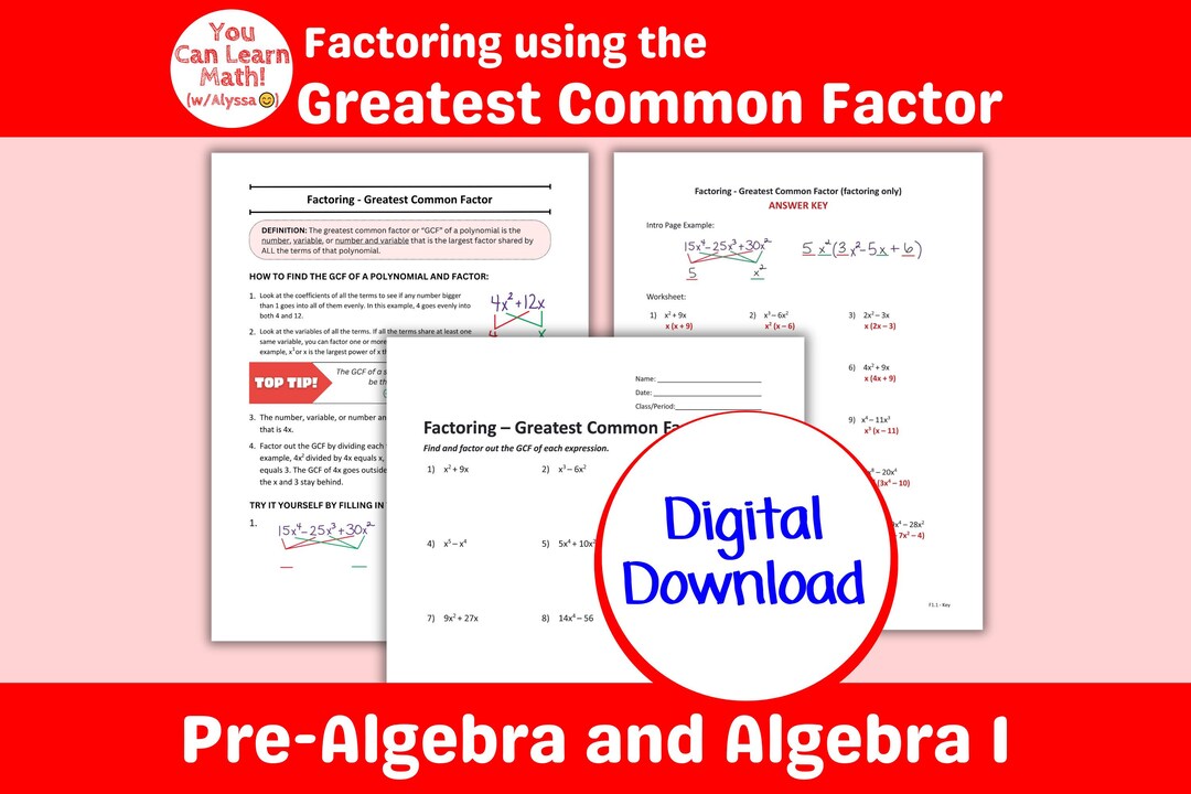 GCF Greatest Common Factor Factoring Worksheets | Pre-algebra Algebra I ...
