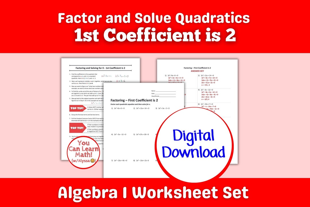 Factoring Quadratics - First 1st Coefficient is 2 | Algebra Worksheet ...