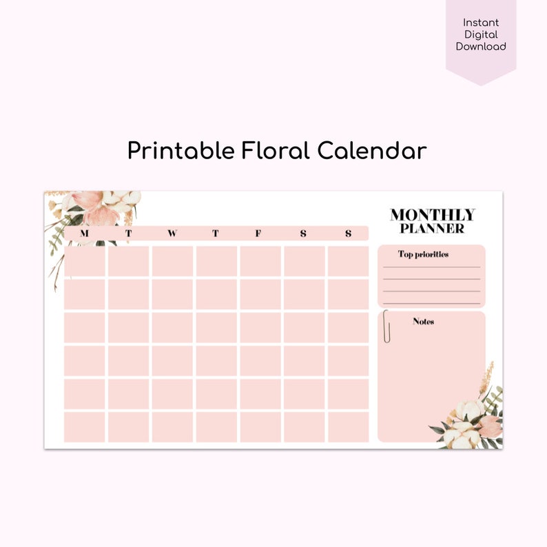 Watercolor Floral Calendar | Printable Landscape Horizontal Pages ...