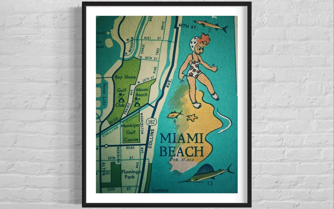 Miami Beach / Florida / Map / Vintage / Retro / Swimmer / Photo / Print / Art / Decor - Etsy