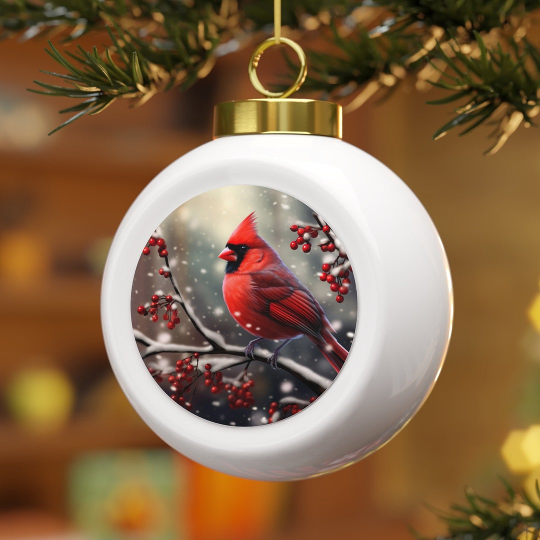 Snowy Red Cardinal Christmas Ball Ornament, Ceramic, Gold Ribbon for ...