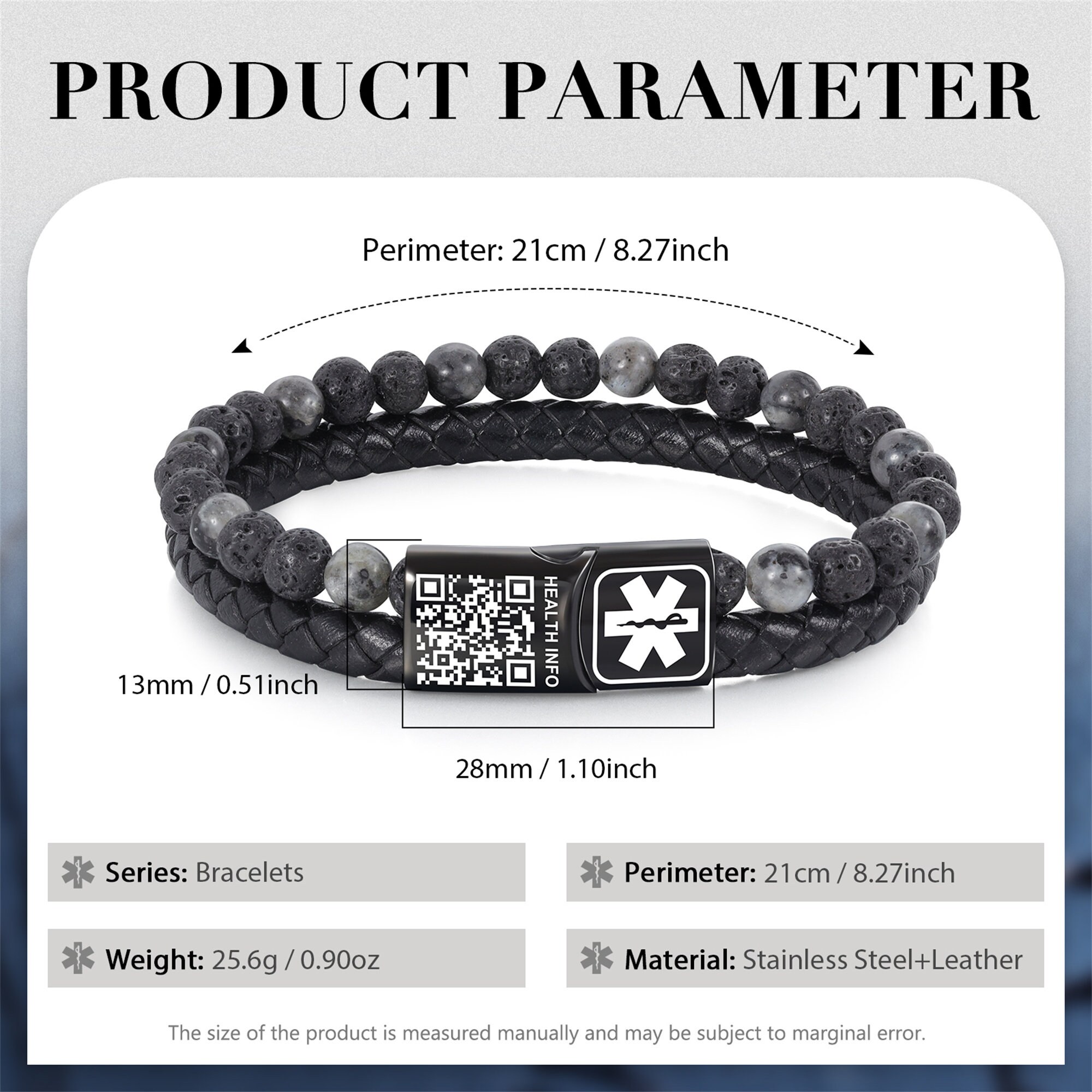 Custom QR Code Medical ID Beaded Bracelet,leather Medical Alert ...