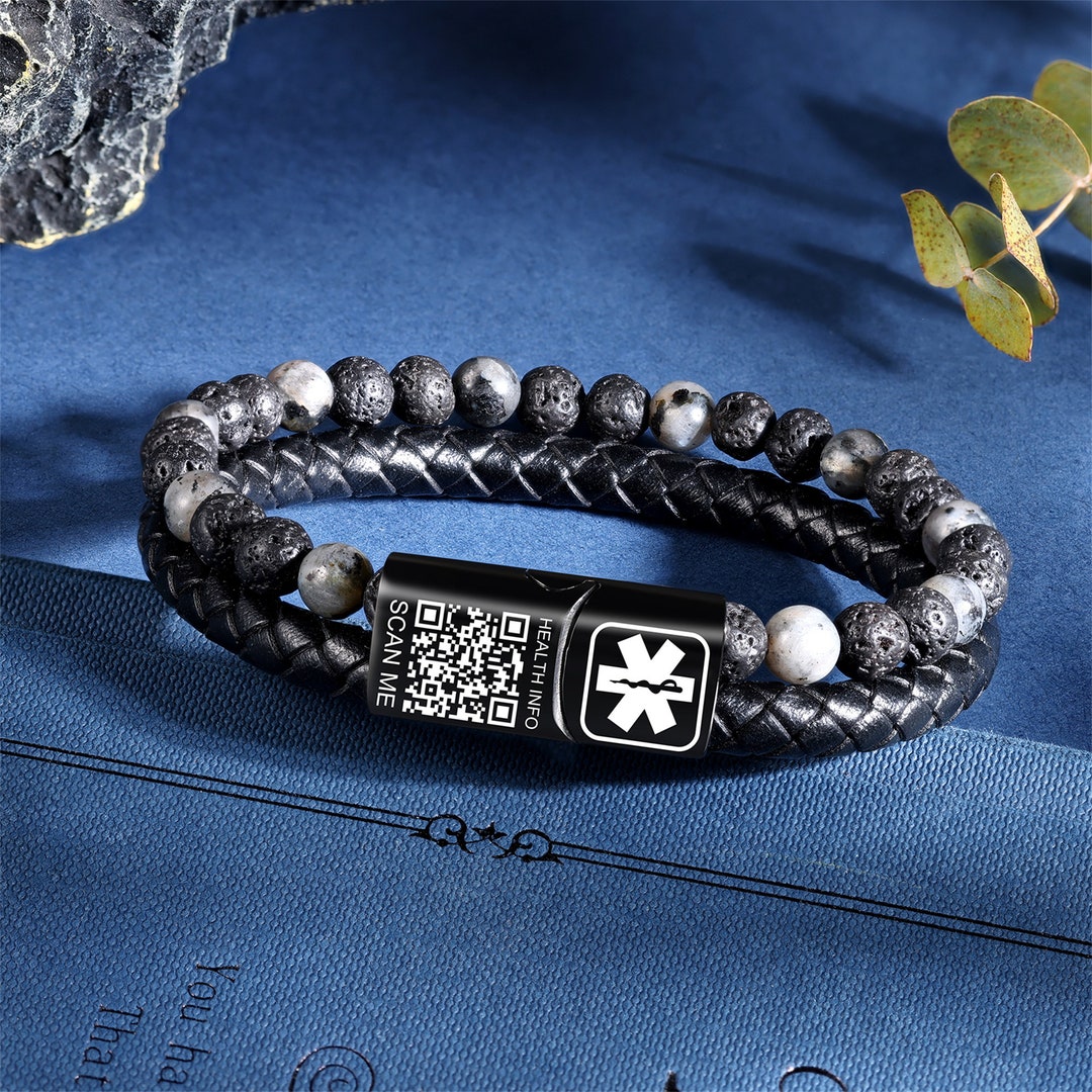 Custom QR Code Medical ID Beaded Bracelet,leather Medical Alert ...