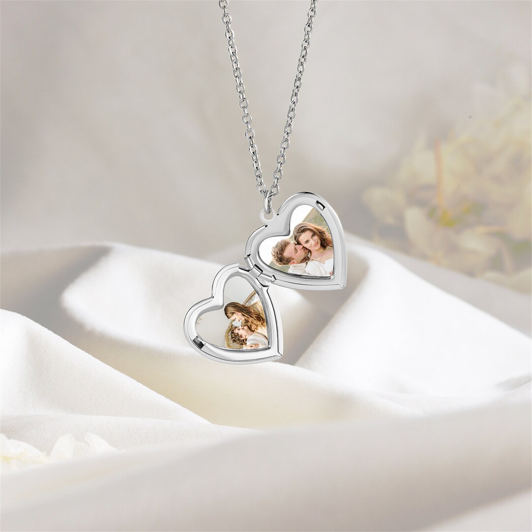 Custom 2 Photo Heart Locket Couple Necklace: Engrave Name & Memorial ...