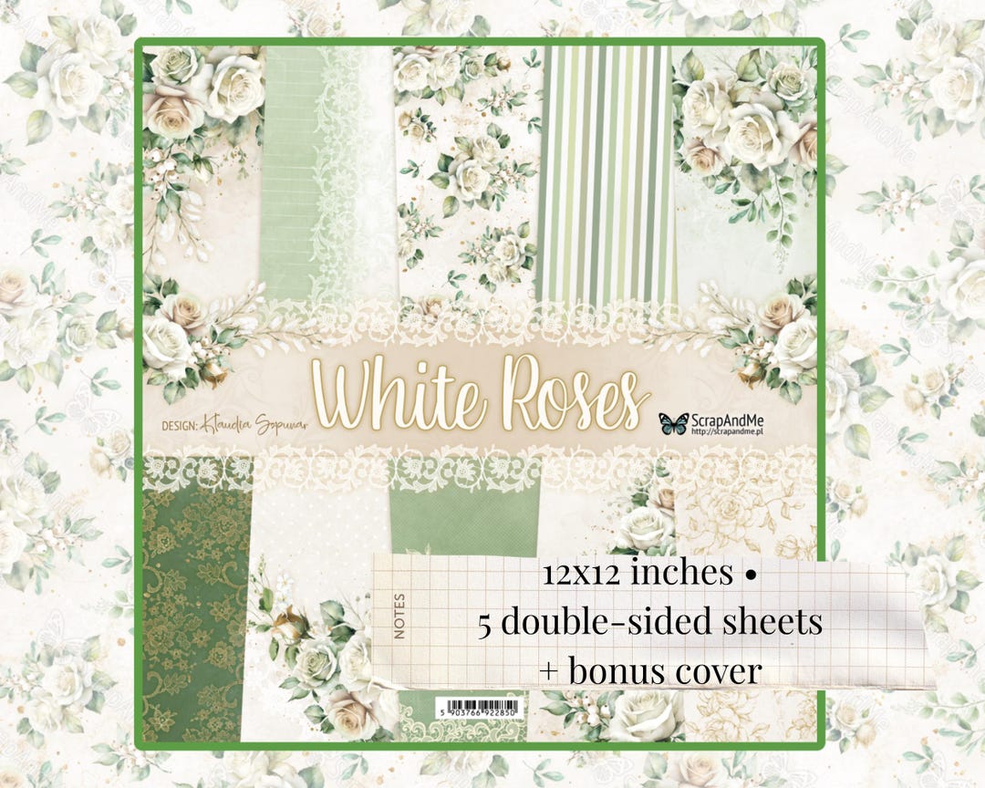 White Roses 12x12 Scrapbook Paper Pack | Wedding Floral Papers | 5 ...