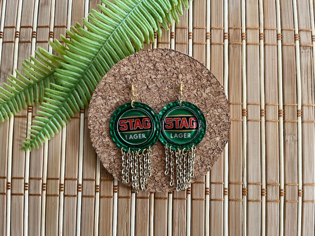Vintage STAG FALLS, Upcycled STAG Beer Bottle Cap Gold Drop Earrings ...