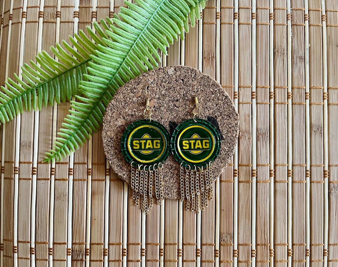STAG FALLS, Upcycled STAG Beer Bottle Cap Gold Chandelier Earrings ...