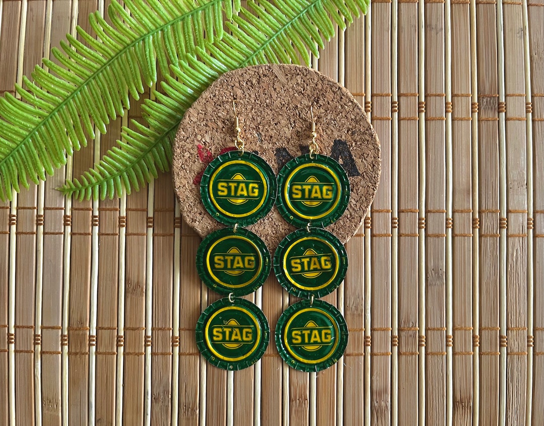 STAGGERIN’, Upcycled STAG Beer Bottle Cap Gold Drop Earrings ...