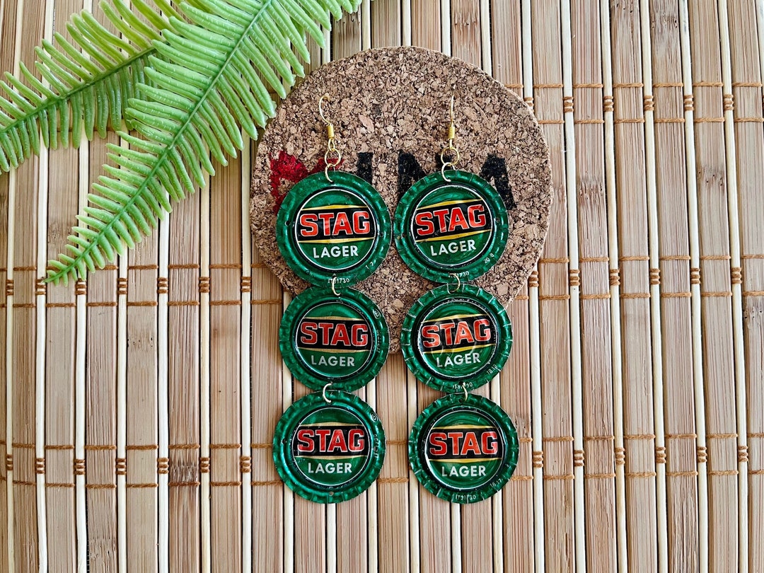 VINTAGE STAGGERIN’, Upcycled STAG Beer Bottle Cap Gold Drop Earrings ...