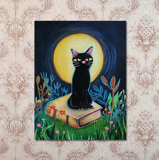 Black Cat and Full Moon Mini Art Print 4x6 Black Cat Gouache Print ...