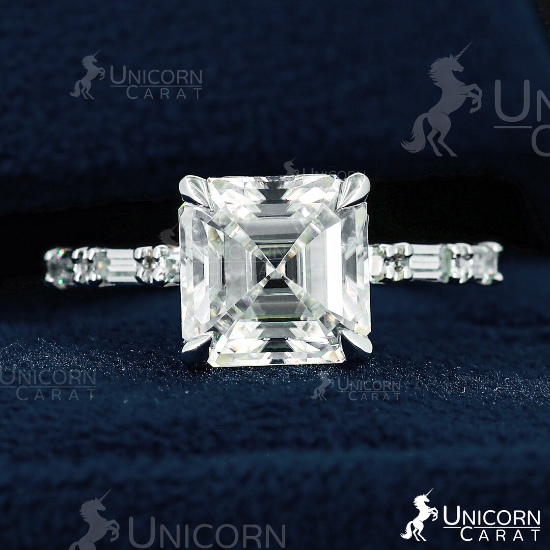 Asscher Cut Moissanite Solitaire Engagement Ring Asscher Cut Cathedral ...