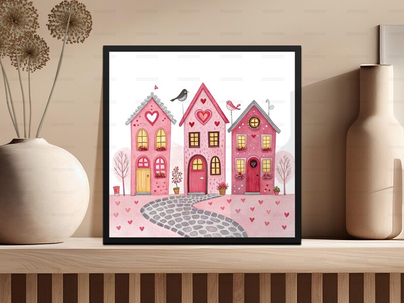 Digital House Clipart: Valentine Pink Cute Set, Watercolor Houses ...