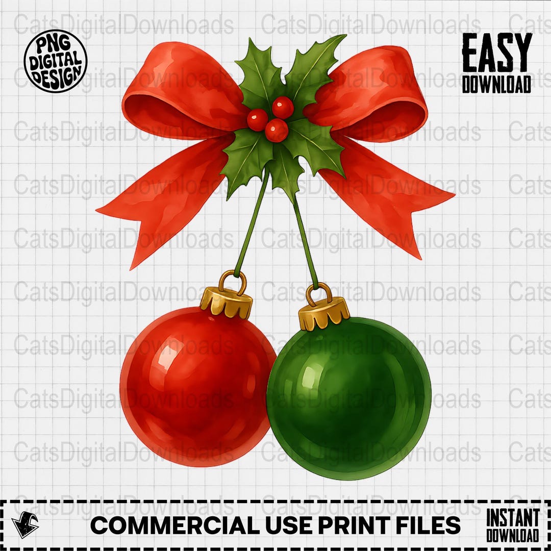 Holly Berry Christmas Ornament Clipart: Festive Bow PNG (digital Image, 5000x5000 Px) - Etsy
