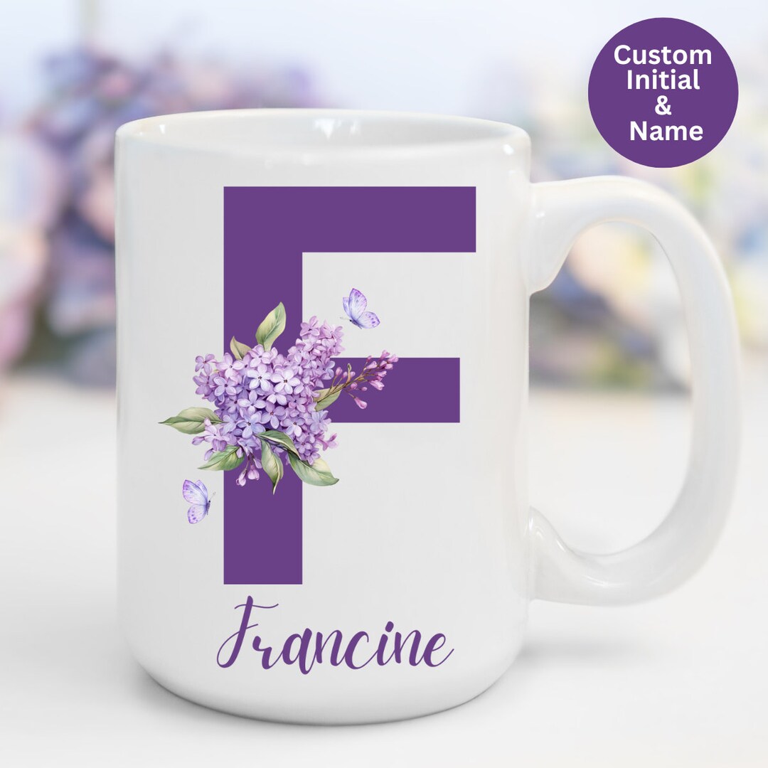 Custom Initial Lilac Purple Flower Ceramic Coffee Mug 11 Ounce Name Mug ...
