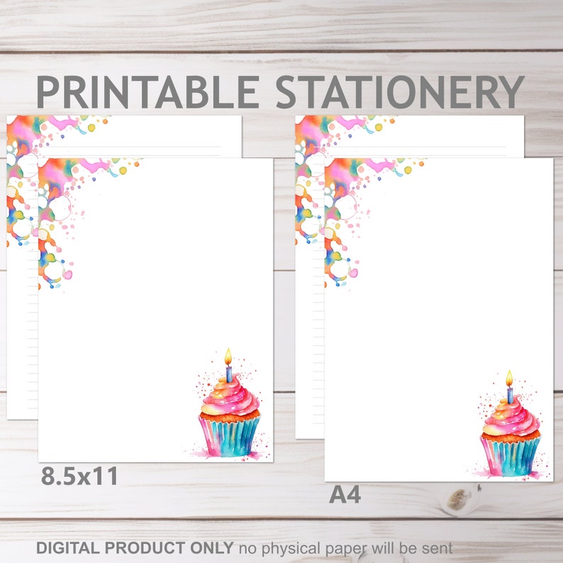 Birthday Cupcake Pink and Blue Printable Stationery Set Lined and ...