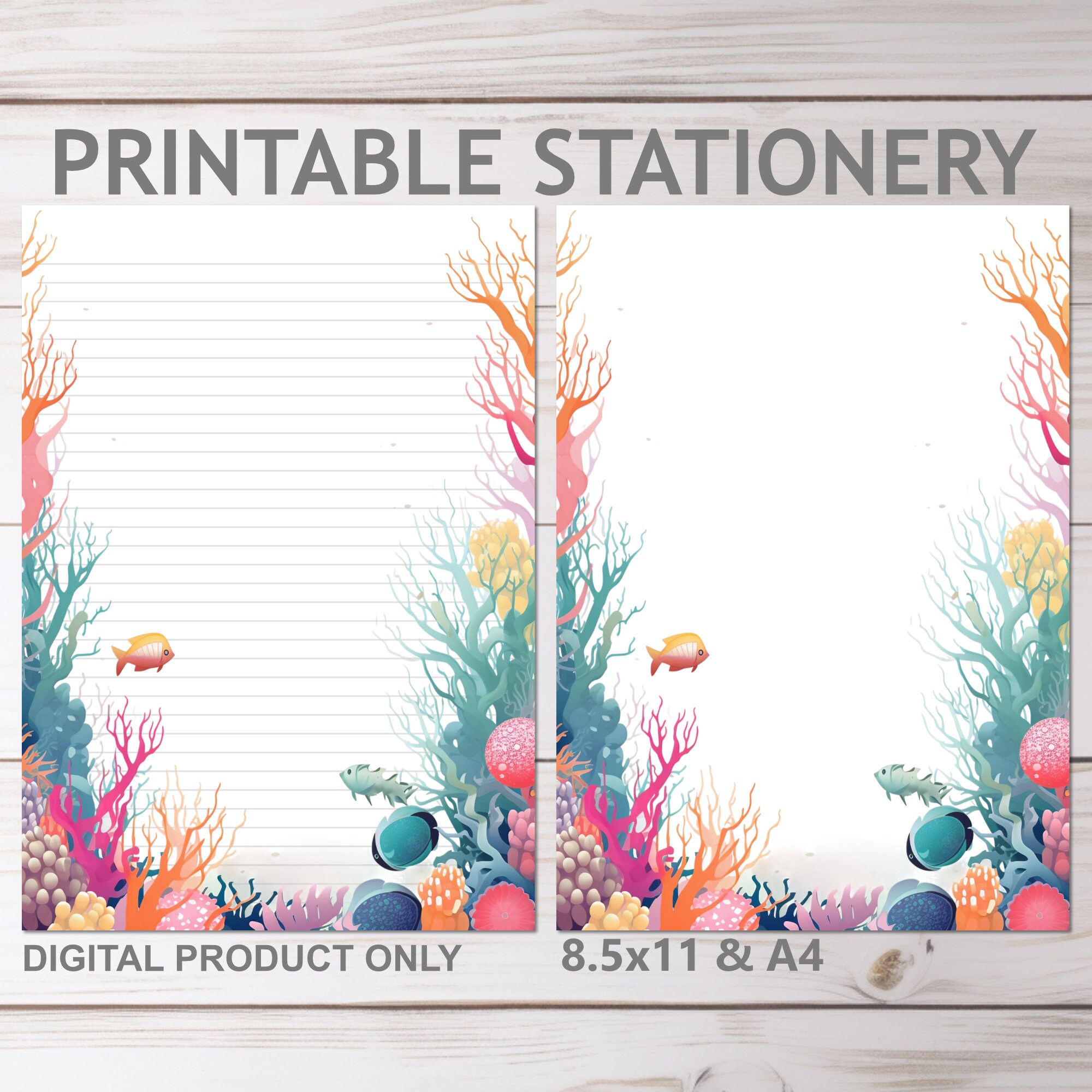 Coral Reef Printable JW Stationery Lined and Unlined in A4 and 8.5x11 ...