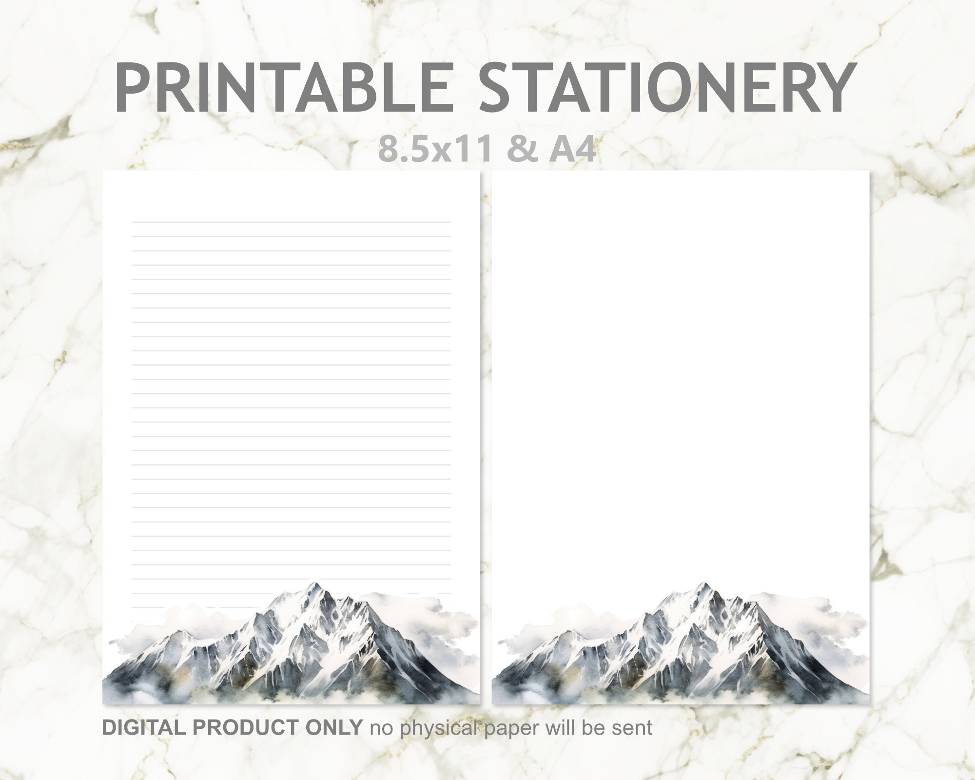 Watercolor Mountain Range Printable Stationery Lined and Unlined in A4 ...