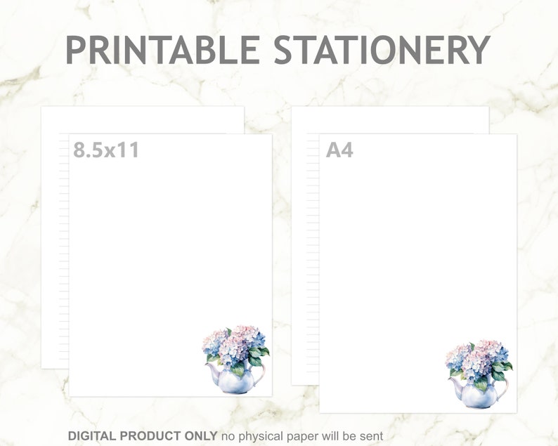 Teapot Flowers Set Printable Stationery Lined and Unlined in A4 and 8 ...