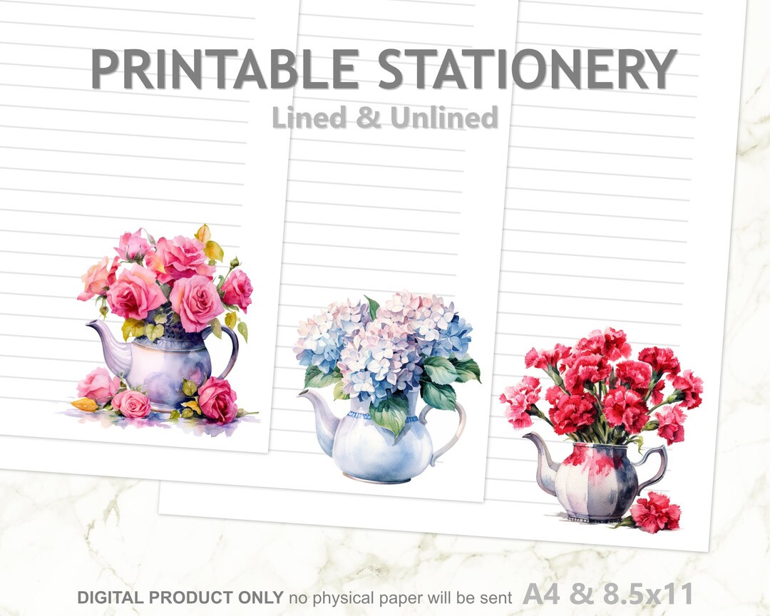 Teapot Flowers Set Printable Stationery Lined and Unlined in A4 and 8 ...