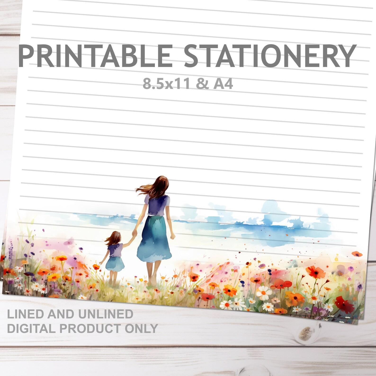 Mother and Daughter Meadow Spring Flowers Printable Stationery Lined No ...