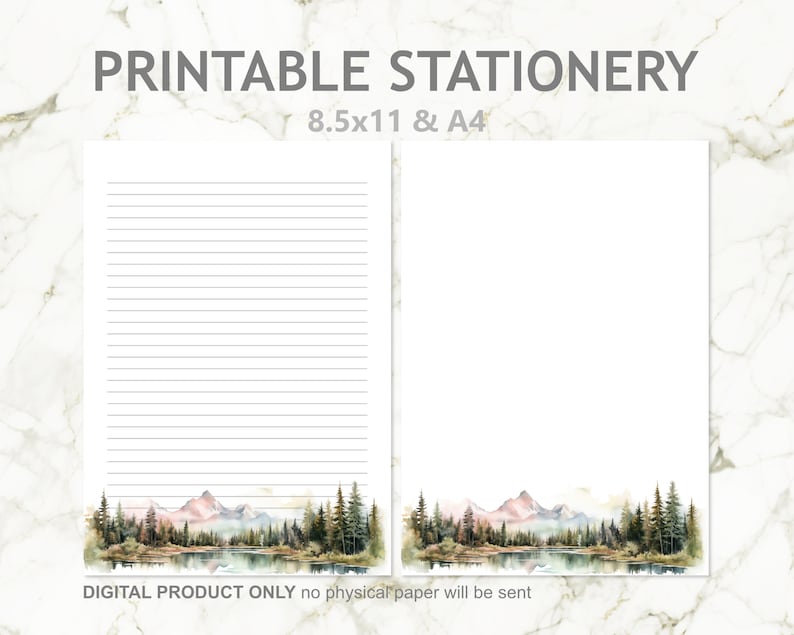 Mountain Range and Lake Printable Stationery Lined and Unlined in A4 ...