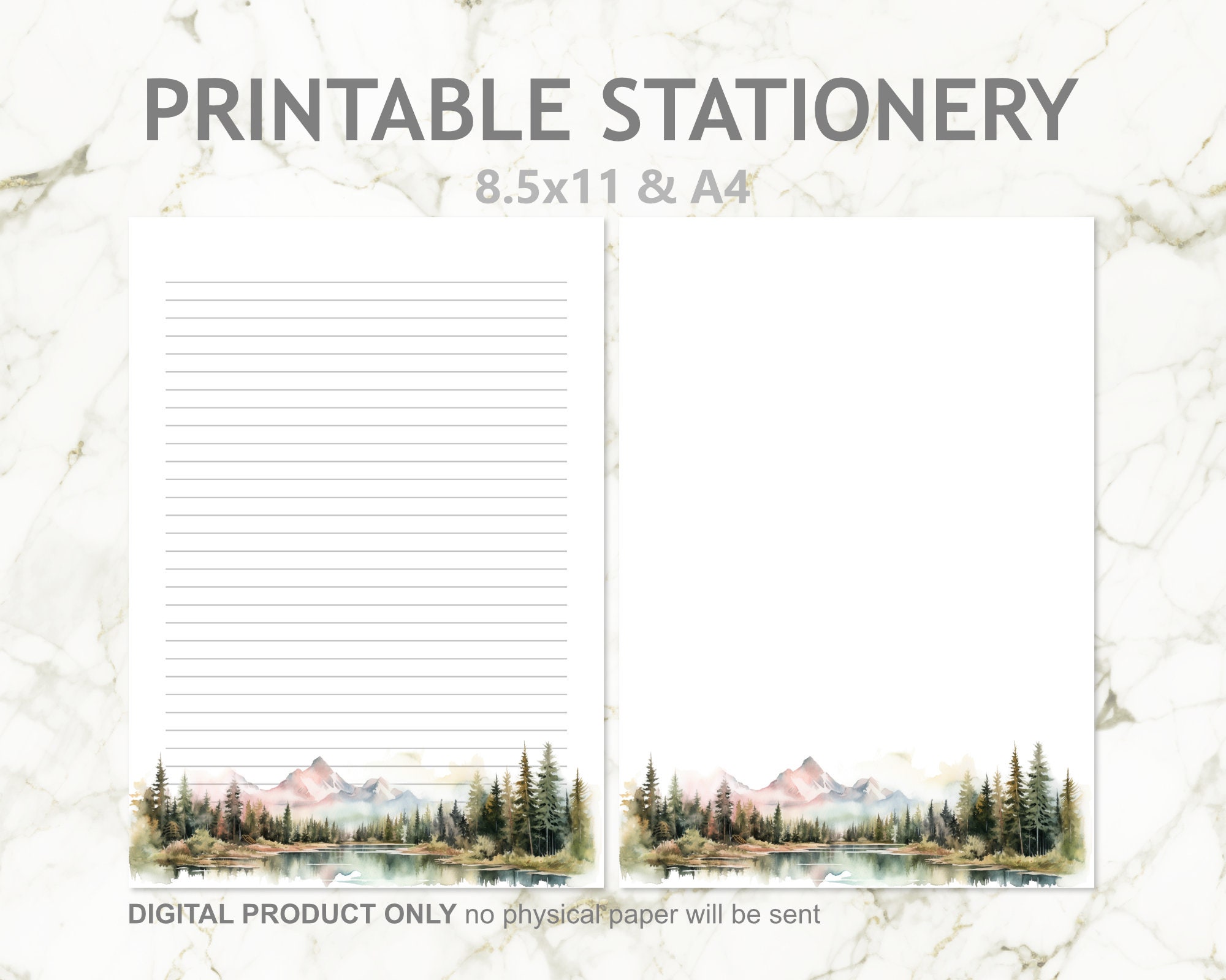 Mountain Range and Lake Printable Stationery Lined and Unlined in A4 ...