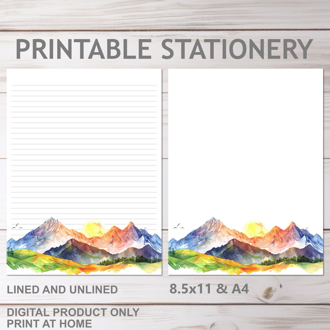 Sunset Mountain Printable Stationery in A4 and 8.5x11 US Letter Size ...