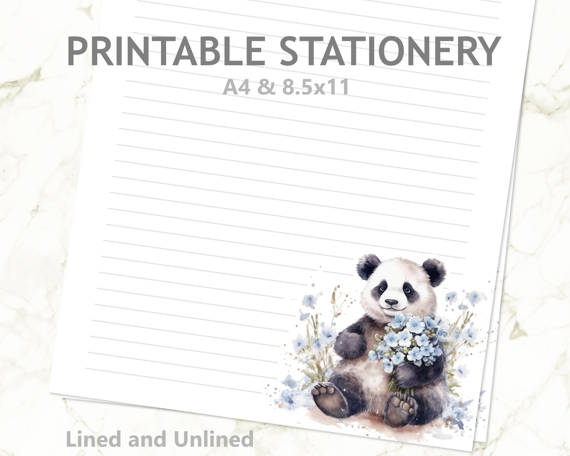 Panda With Flowers and Bamboo Printable Stationery Set Lined - Etsy