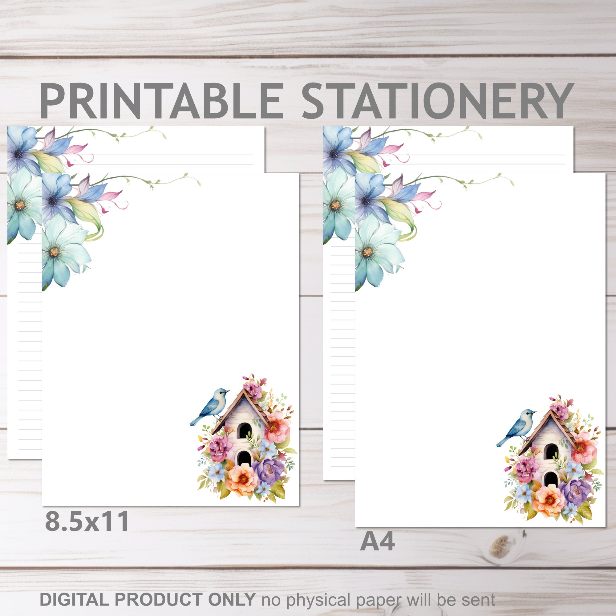 Floral Birdhouse Printable Stationery Lined and Unlined in A4 and 8 ...