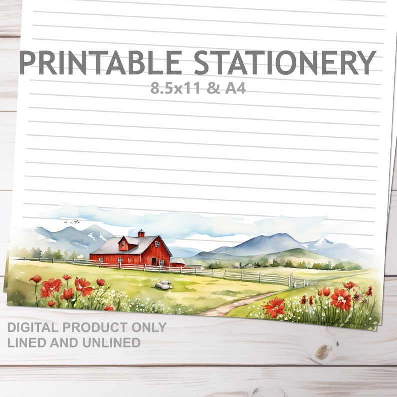 Red Barn Farm Set Mountain Printable Stationery Lined No Lines A4 & 8 ...
