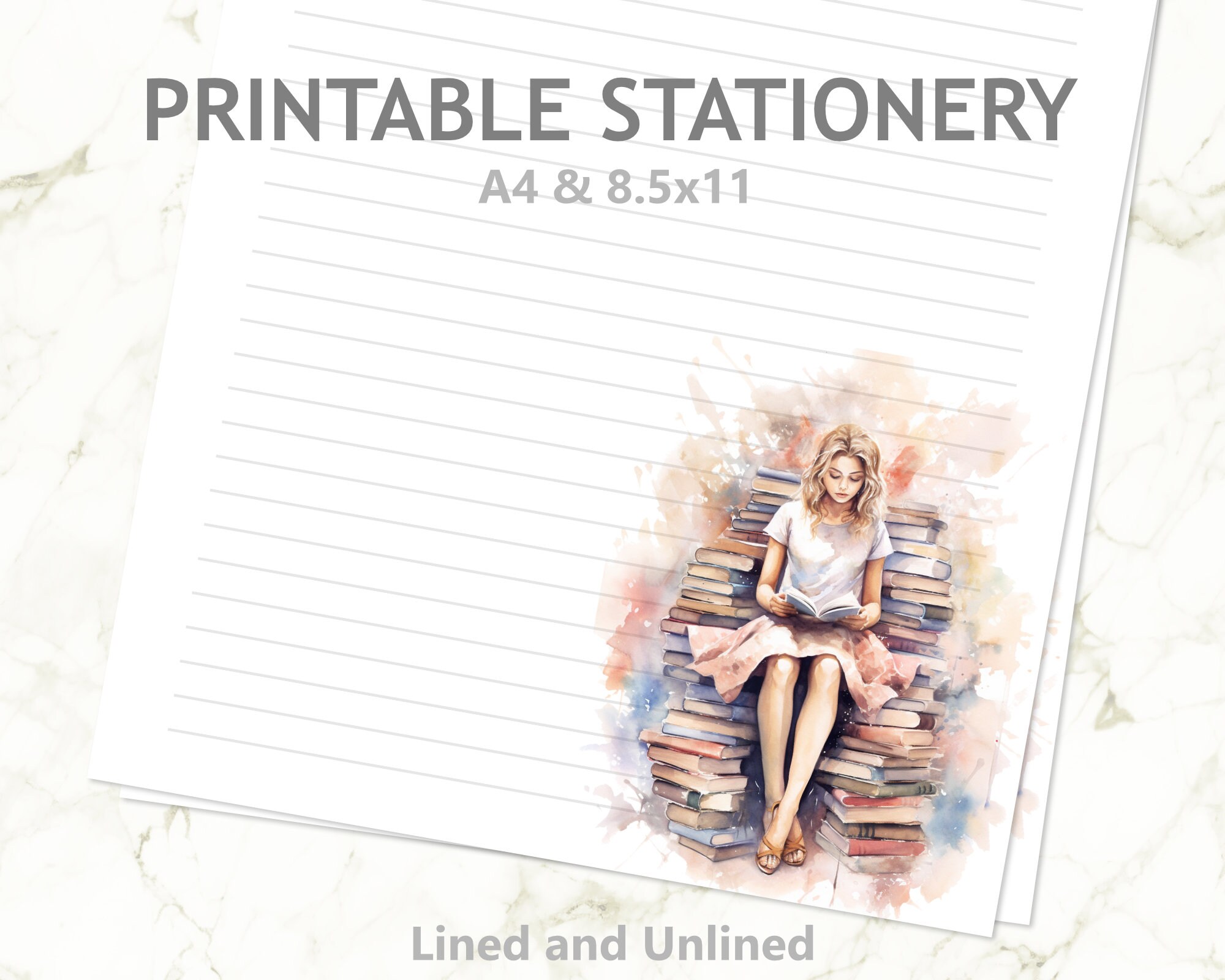 Girl Reading on Stack of Books Printable Stationery Set Lined and ...