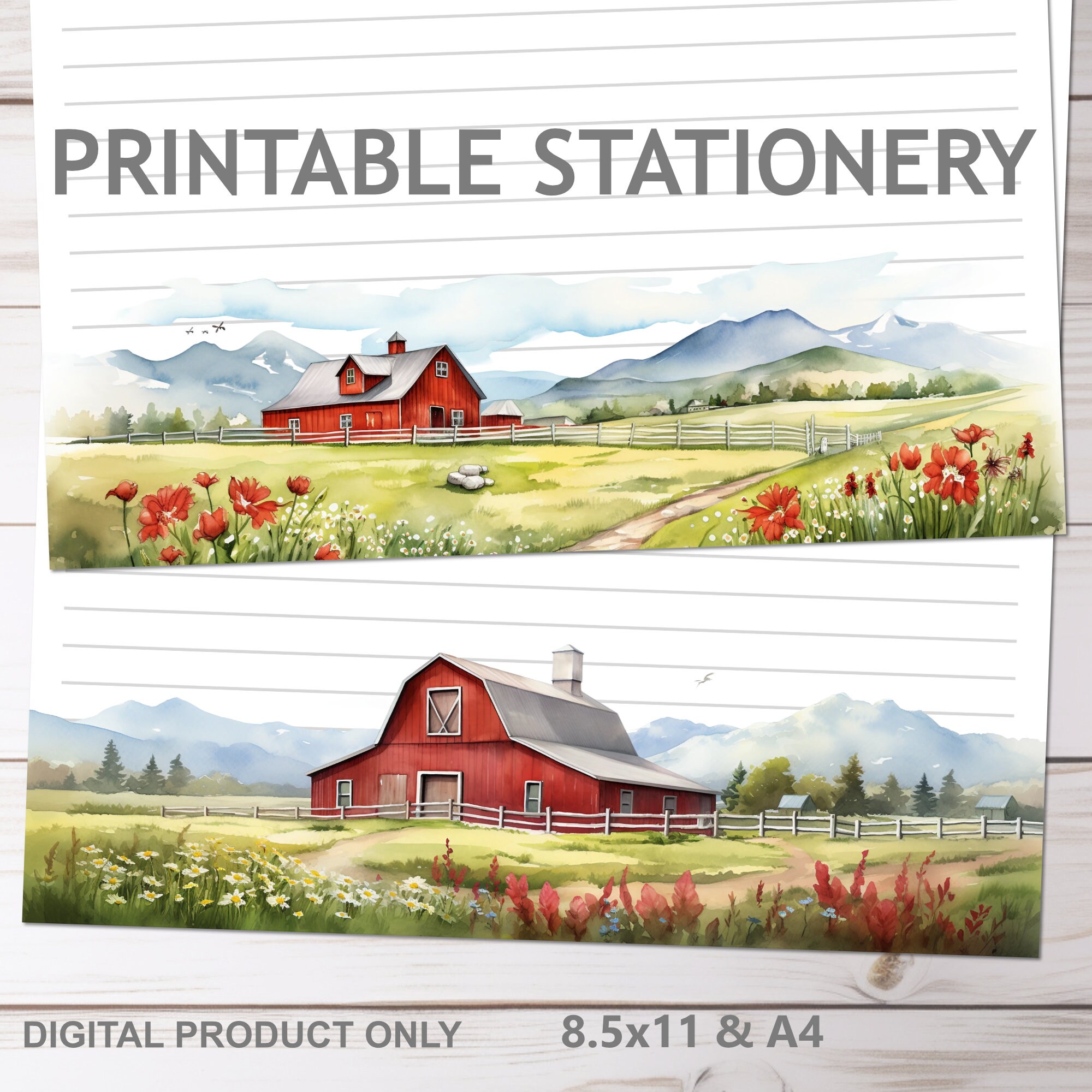 Red Barn Farm Set Mountain Printable Stationery Lined No Lines A4 & 8 ...