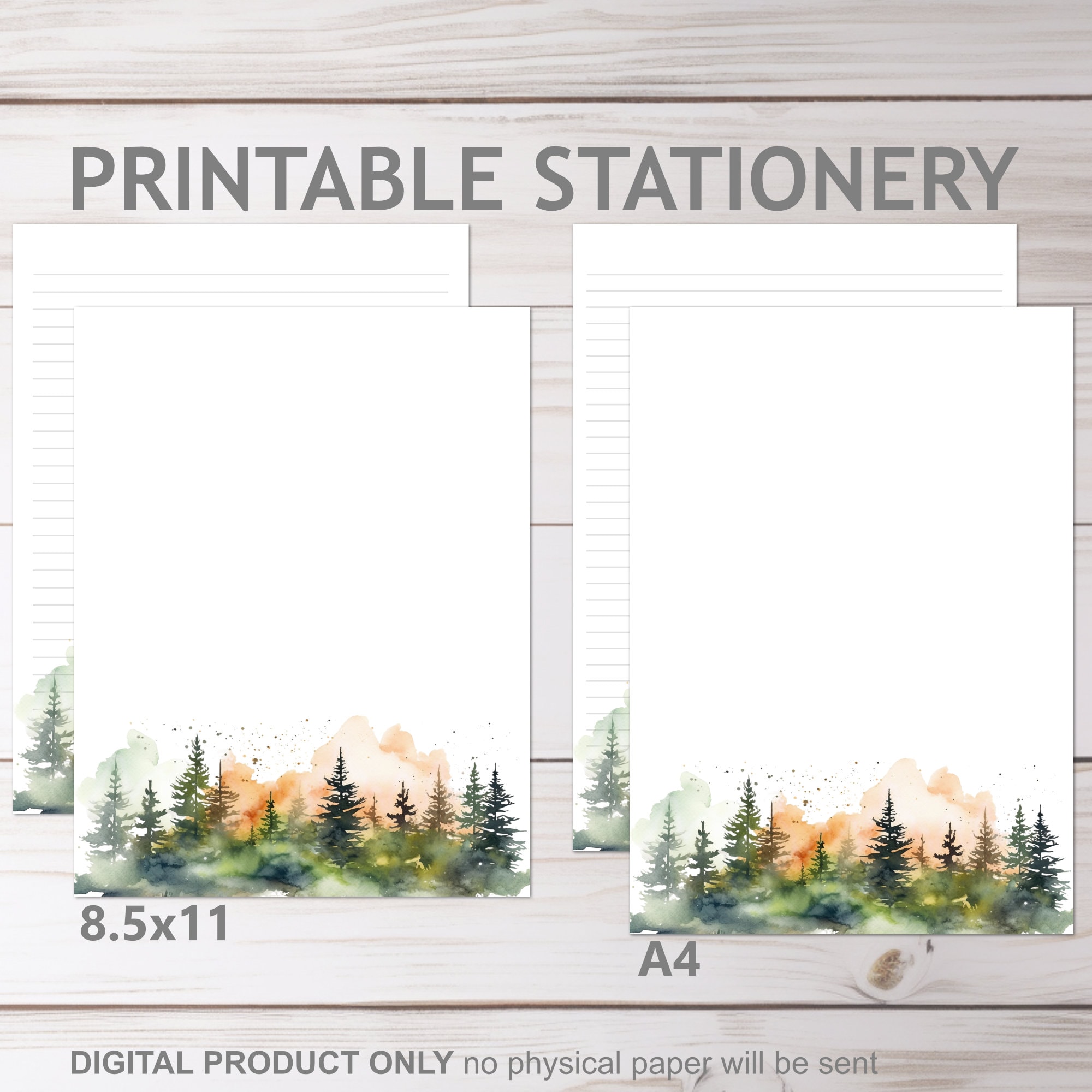 Watercolor Forest Trees Printable Stationery Lined and Unlined in A4 ...