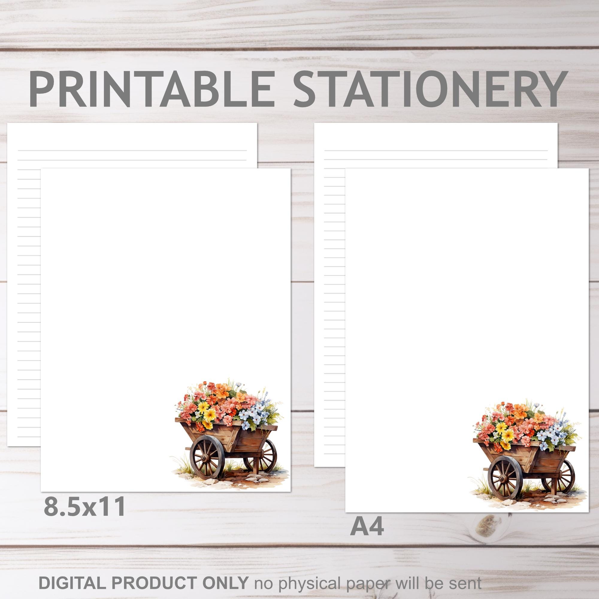 Beautiful Wheelbarrow Flowers Printable Stationery Lined and Unlined A4 ...
