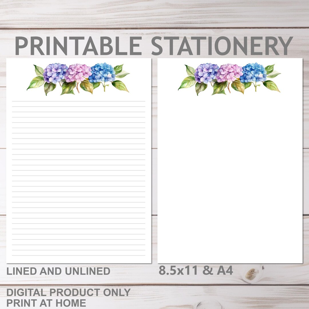 Hydrangea Bunches Floral Printable Stationery Lined and Unlined A4 and ...