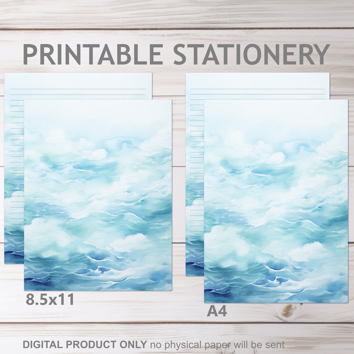 Ocean Waves Printable JW Stationery Lined and Unlined in A4 and 8.5x11 ...