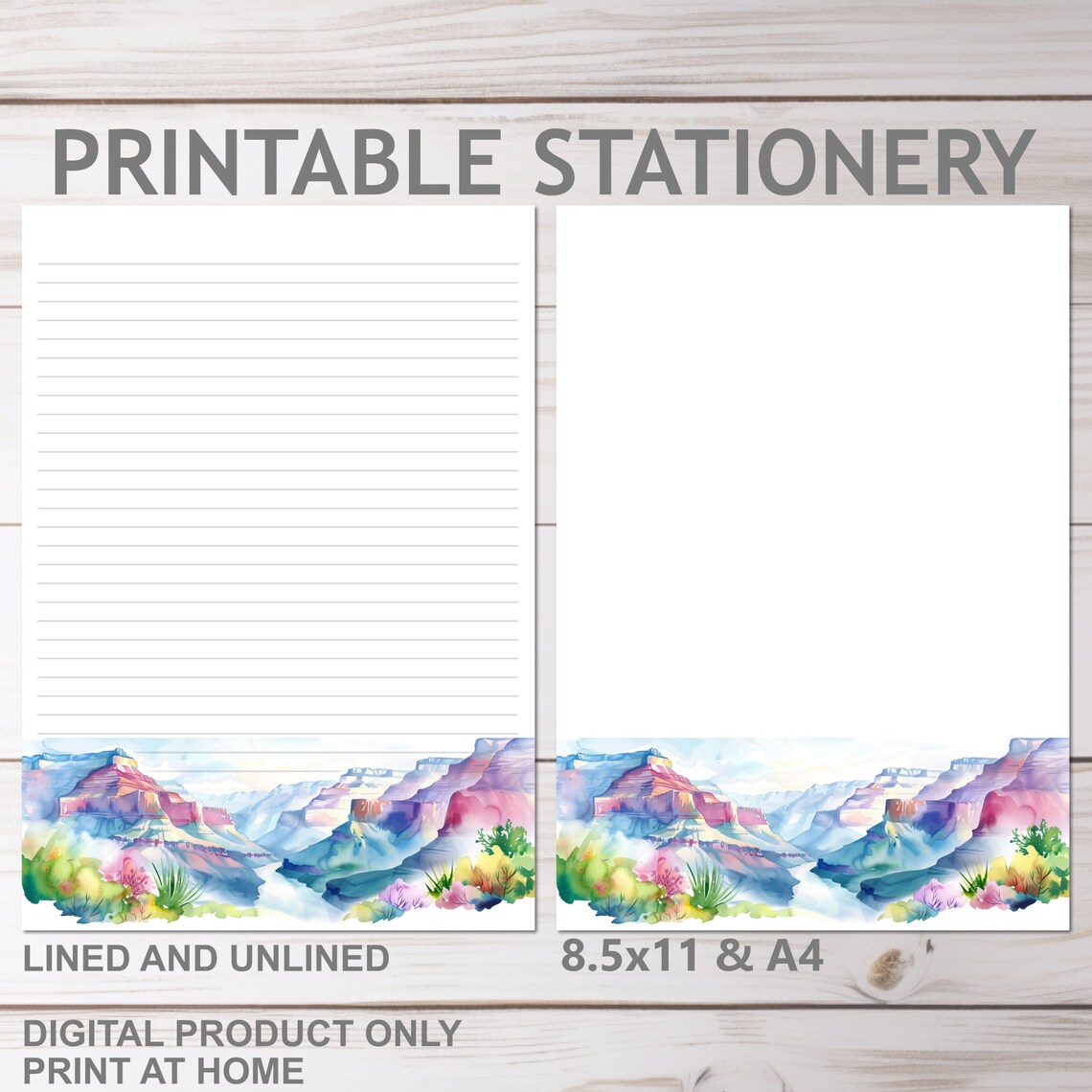 Desert Mountain Sunset Printable Stationery Lined and Unlined in A4 and ...