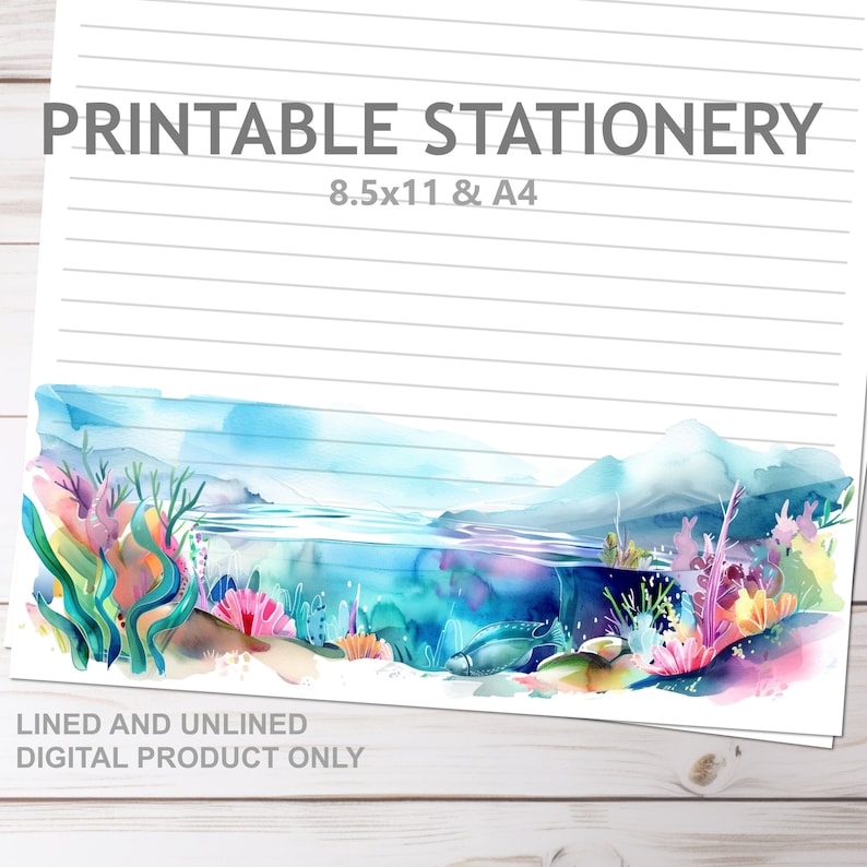 Underwater Ocean Coral Reef Printable Stationery Lined and Unlined in ...
