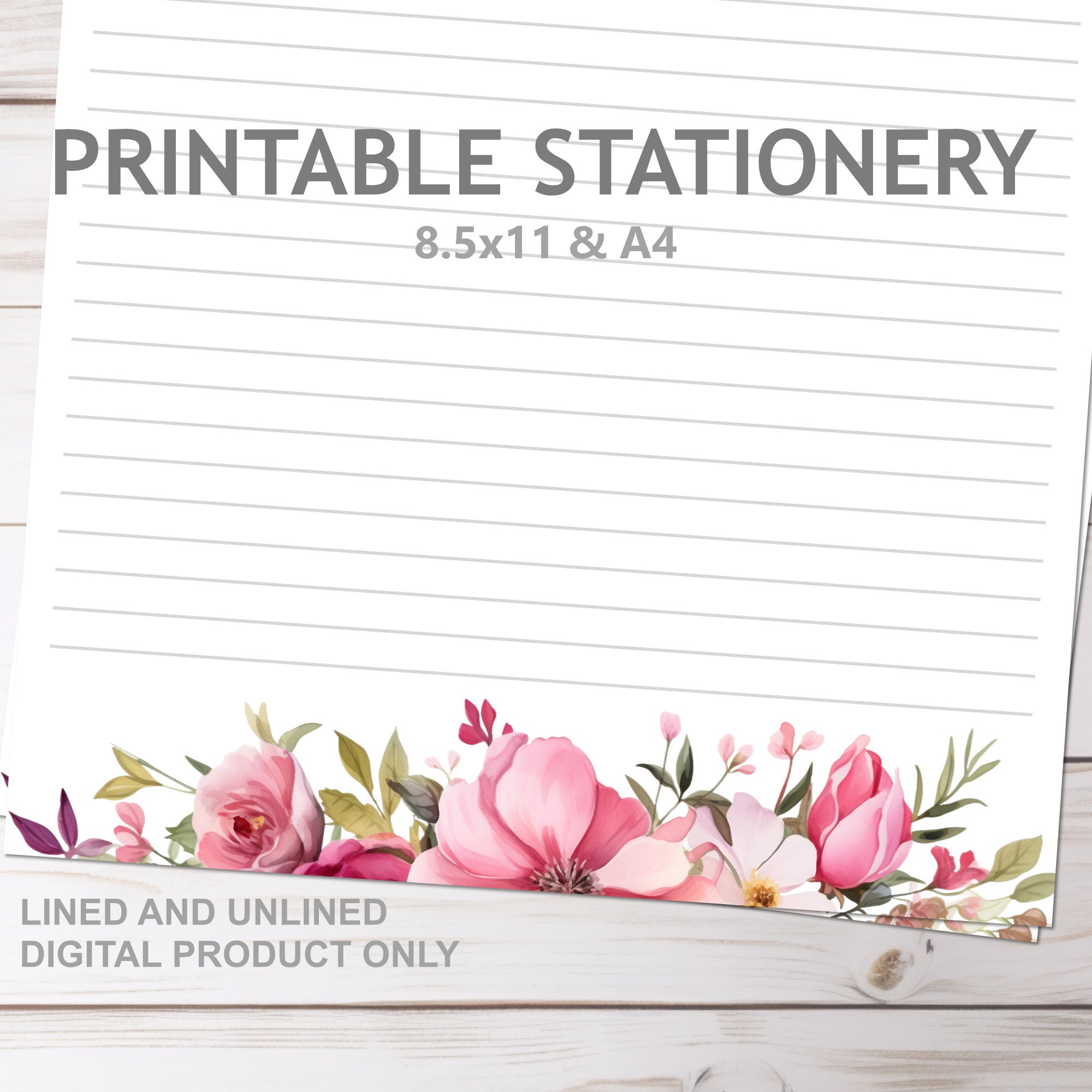 Roses and Flowers Printable Stationery Lined and Unlined in A4 and 8 ...