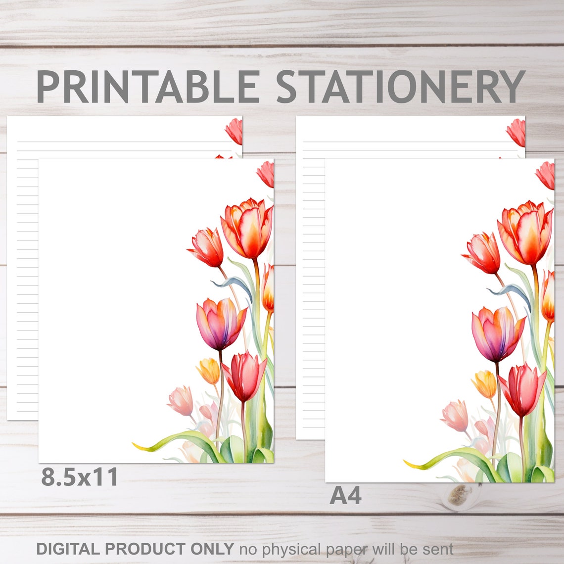 Tulip Flowers Printable JW Floral Stationery Lined and Unlined in A4 ...