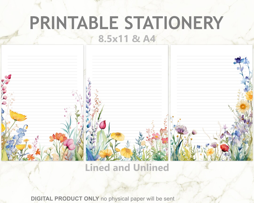 Wildflowers Set of 3 Printable Stationery Lined and Unlined in A4 and 8 ...