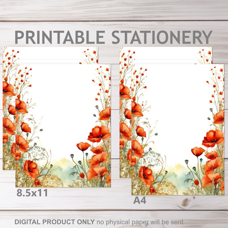 Poppies Flowers Watercolor Printable Stationery Set Lined and Unlined ...
