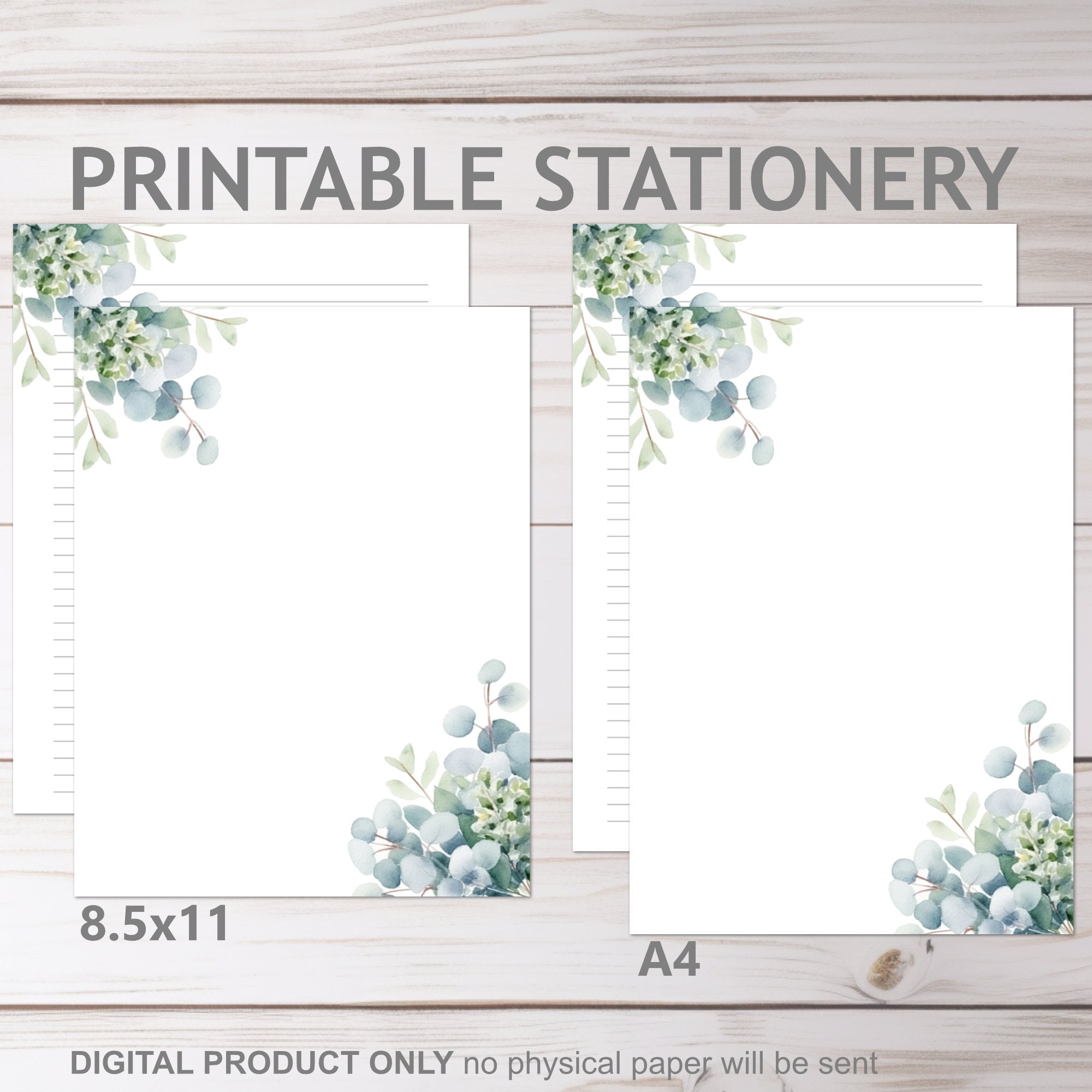 Eucalyptus Leaves Floral Printable Stationery Lined and Unlined in A4 ...